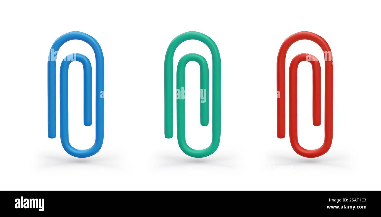 Set of 3D colored paper clips. Blue, green, red page clip. Careful ...
