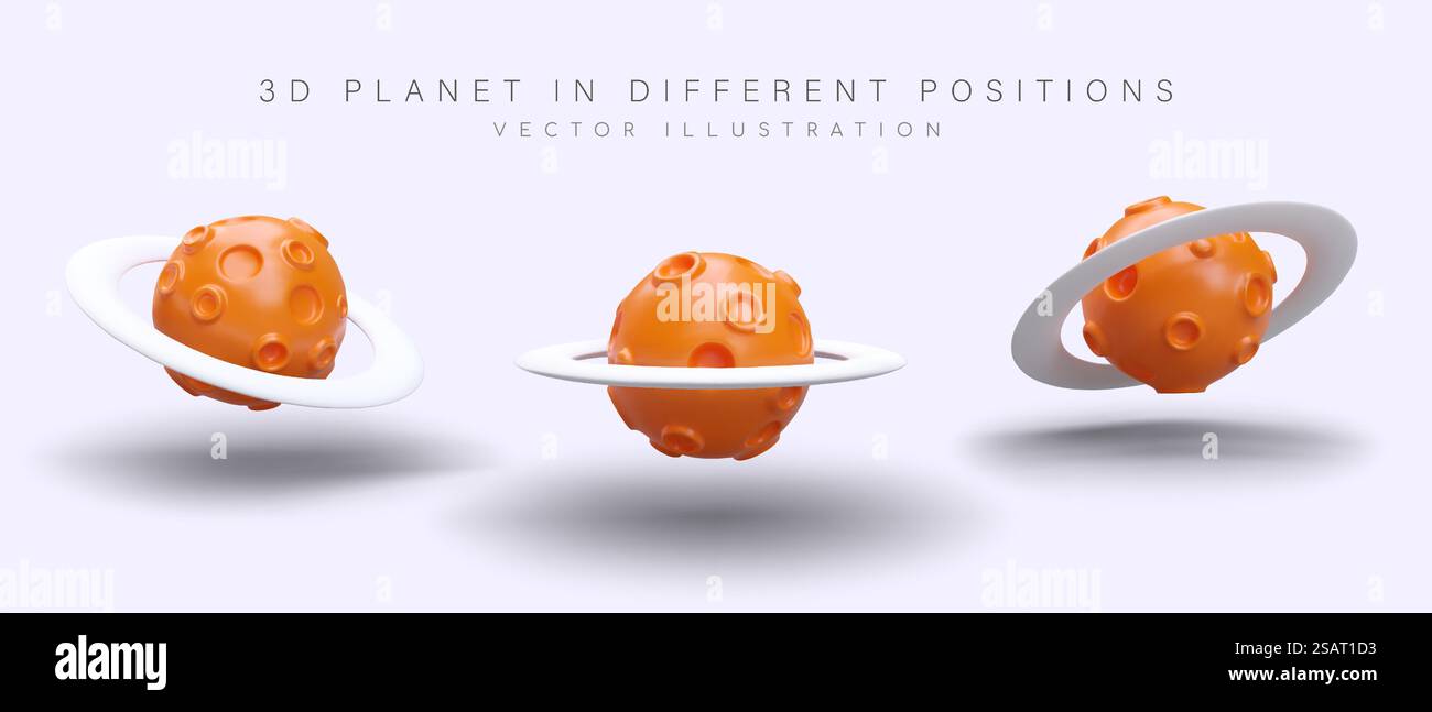 3D orange planet with craters. Vector object in different positions ...