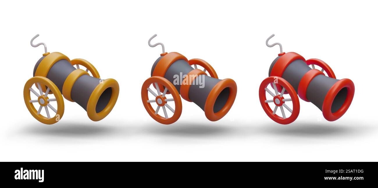 Set of realistic cannons on wheels. Ancient artillery, firearms ...