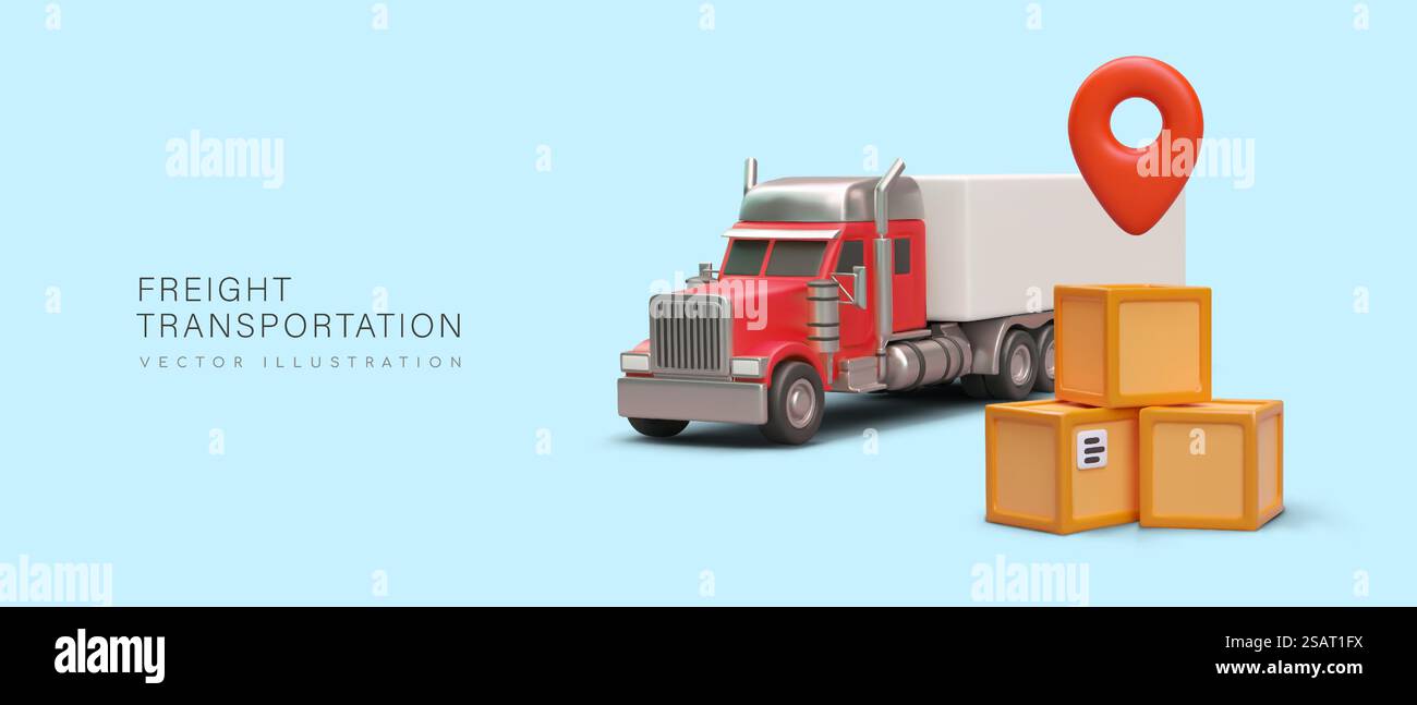 Freight transportation. Realistic truck, stack of boxes, red geotag ...