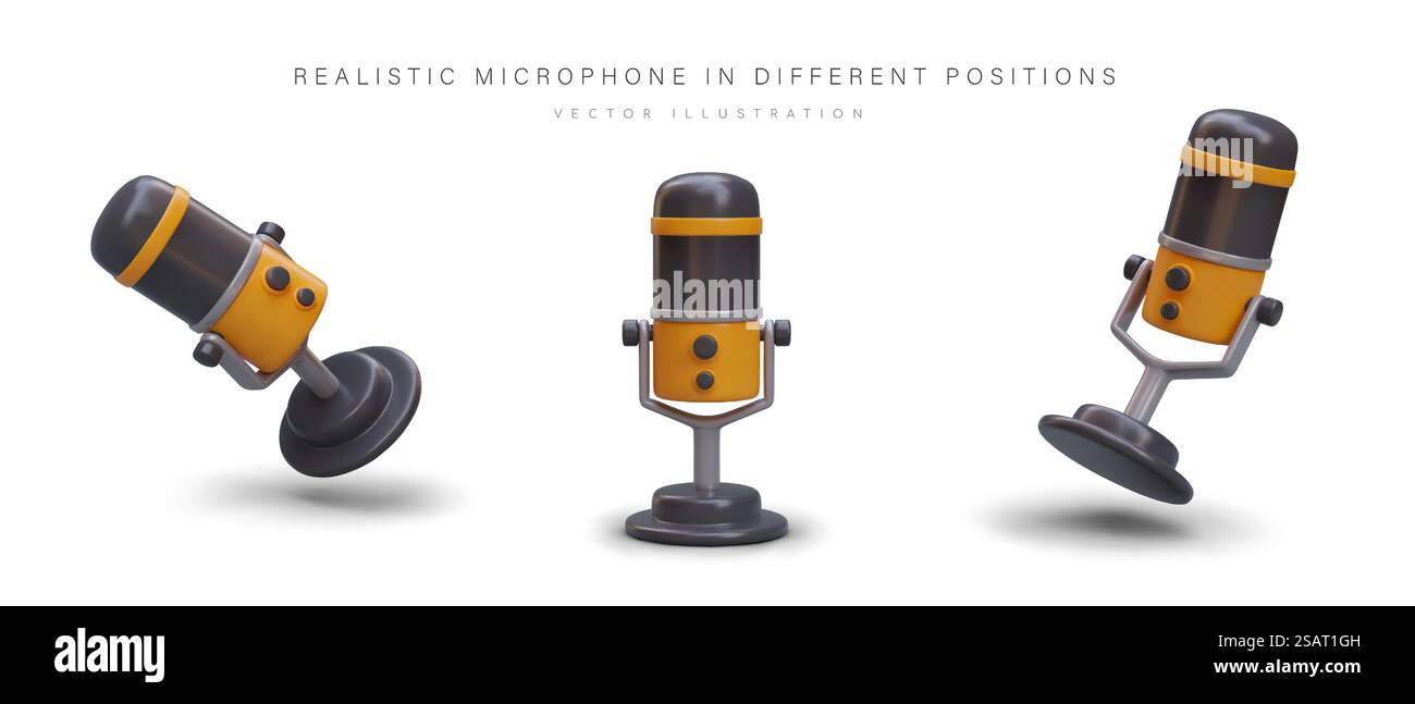 Set of realistic microphones in different positions. Color 3D ...