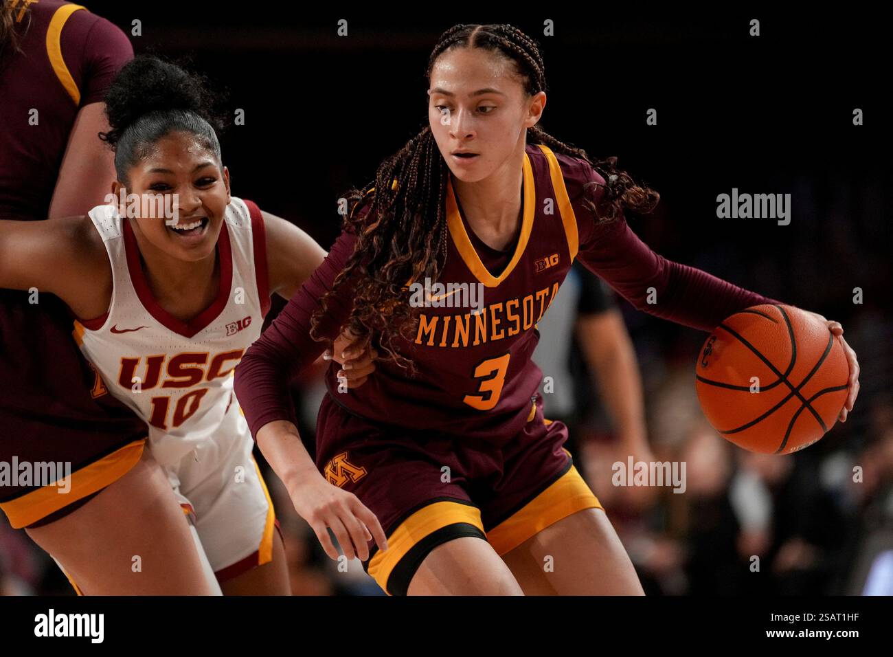 Minnesota guard Amaya Battle (3) dribbles against Southern California ...