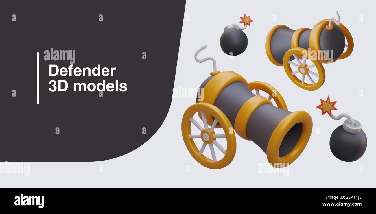 Defender concept. 3D models of cannon guns, front and back view ...