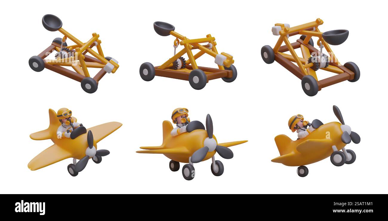 Set of realistic catapults and planes with pilot. Ballista for shooting ...
