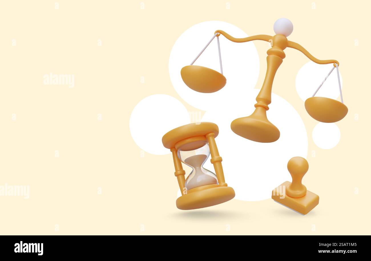 Placard with realistic 3d hourglasses, seal and golden weights of ...