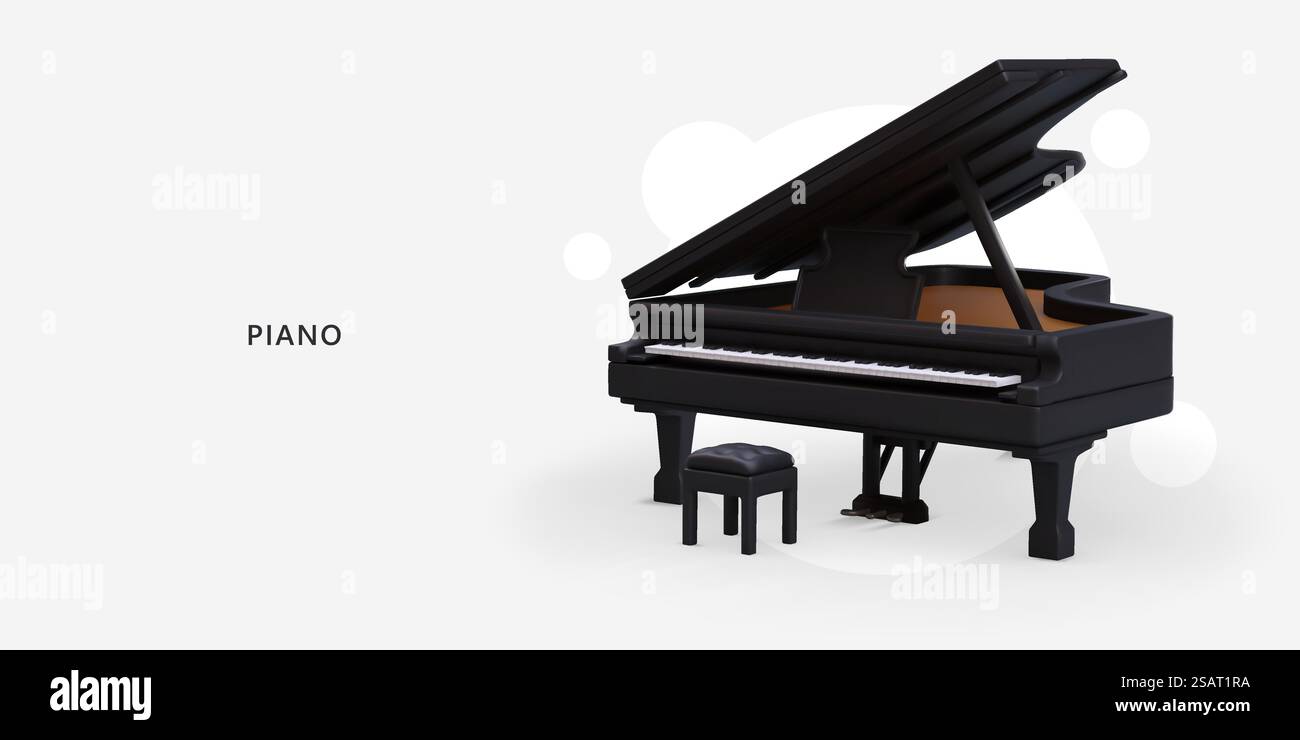 Realistic black grand piano, stool. Classical keyboard musical ...
