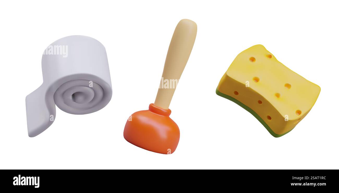 Collection with roll of toilet paper, plunger and sponge. Concept of ...