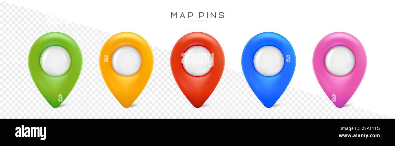 Pin set with shadow. Map marks for gps point. Vector 3d plastic pushpins or board tacks for ...