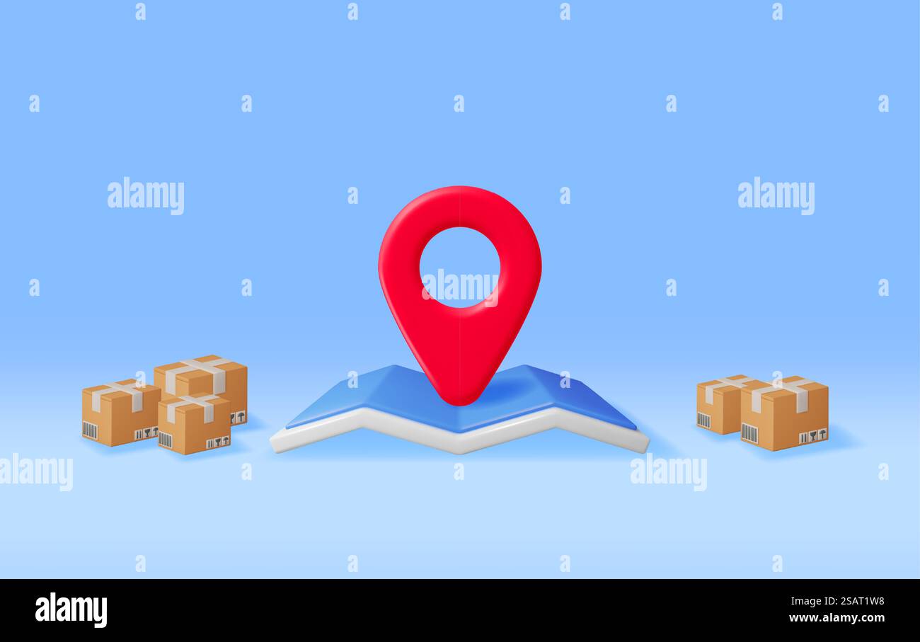 3D Carton Packaging Box with Map and Location Pin. Render Map and ...