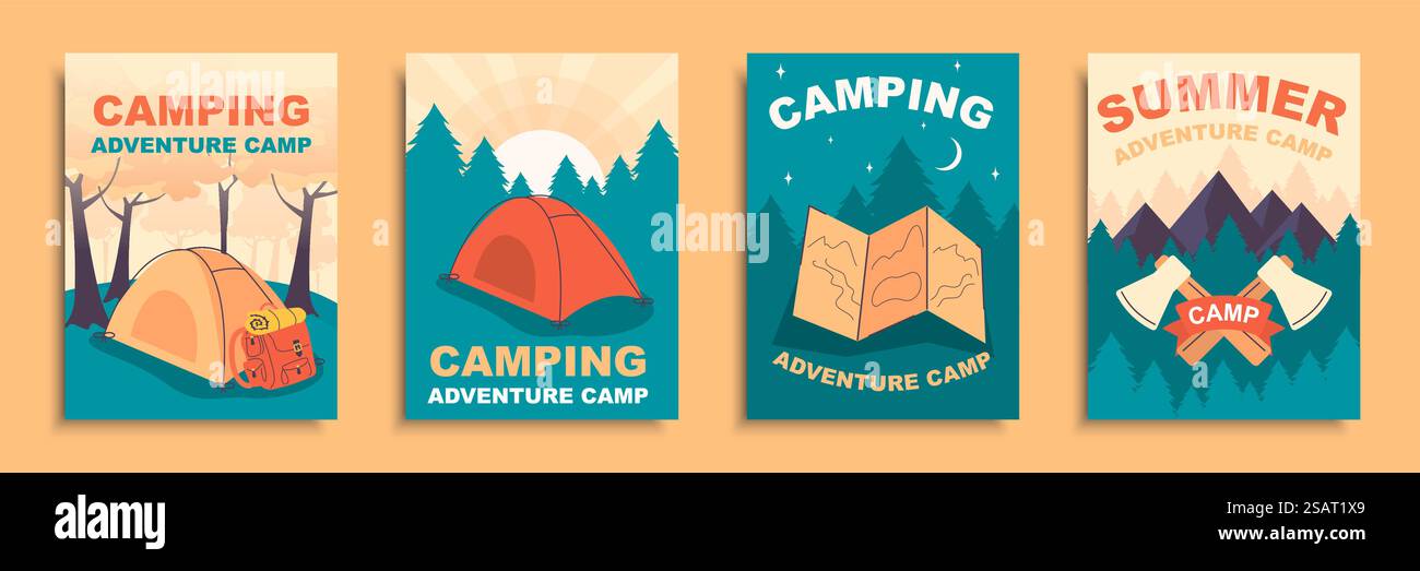 Summer camping cover brochure set in flat design. Poster templates with ...