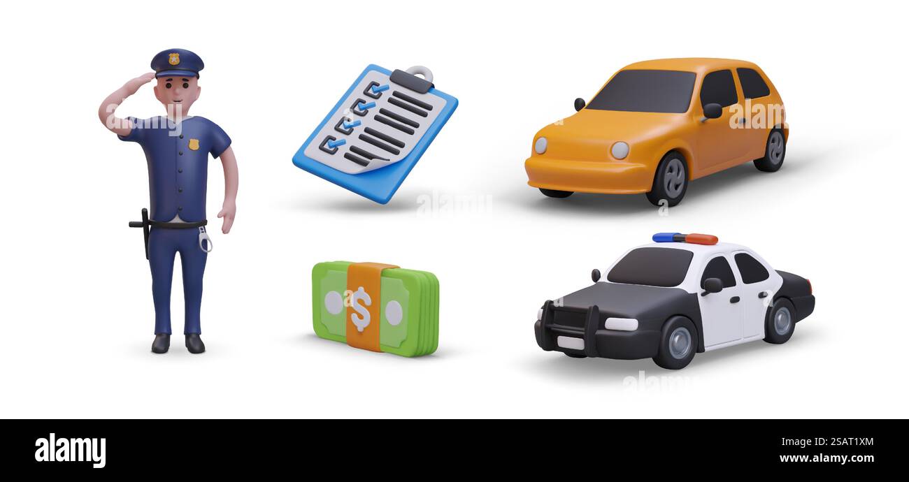 Concept of fine for traffic accident. 3D policeman, car, police car ...