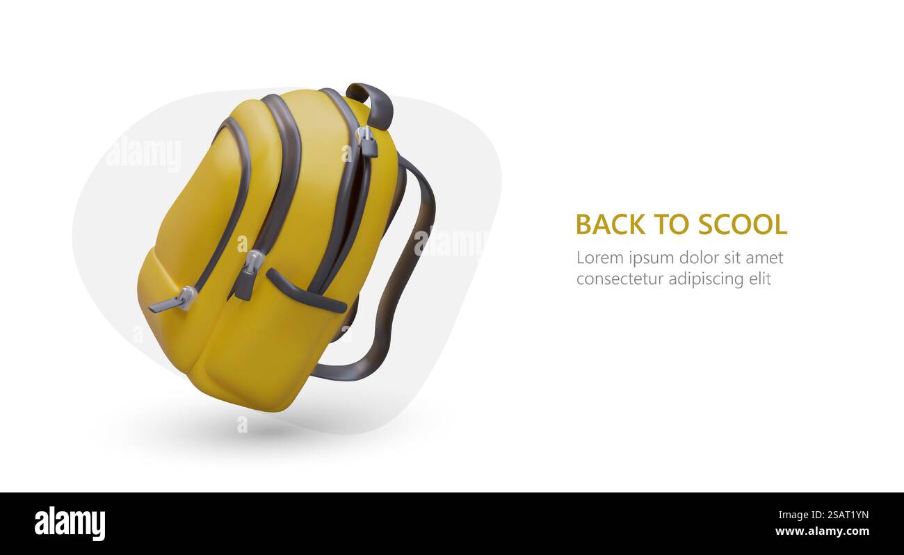 Back to school. Realistic yellow school backpack. Poster on white ...
