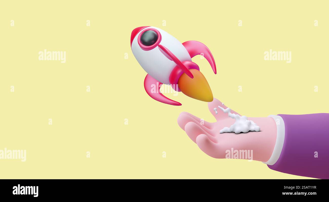 Realistic space rocket launches from human hand. Launching new project ...