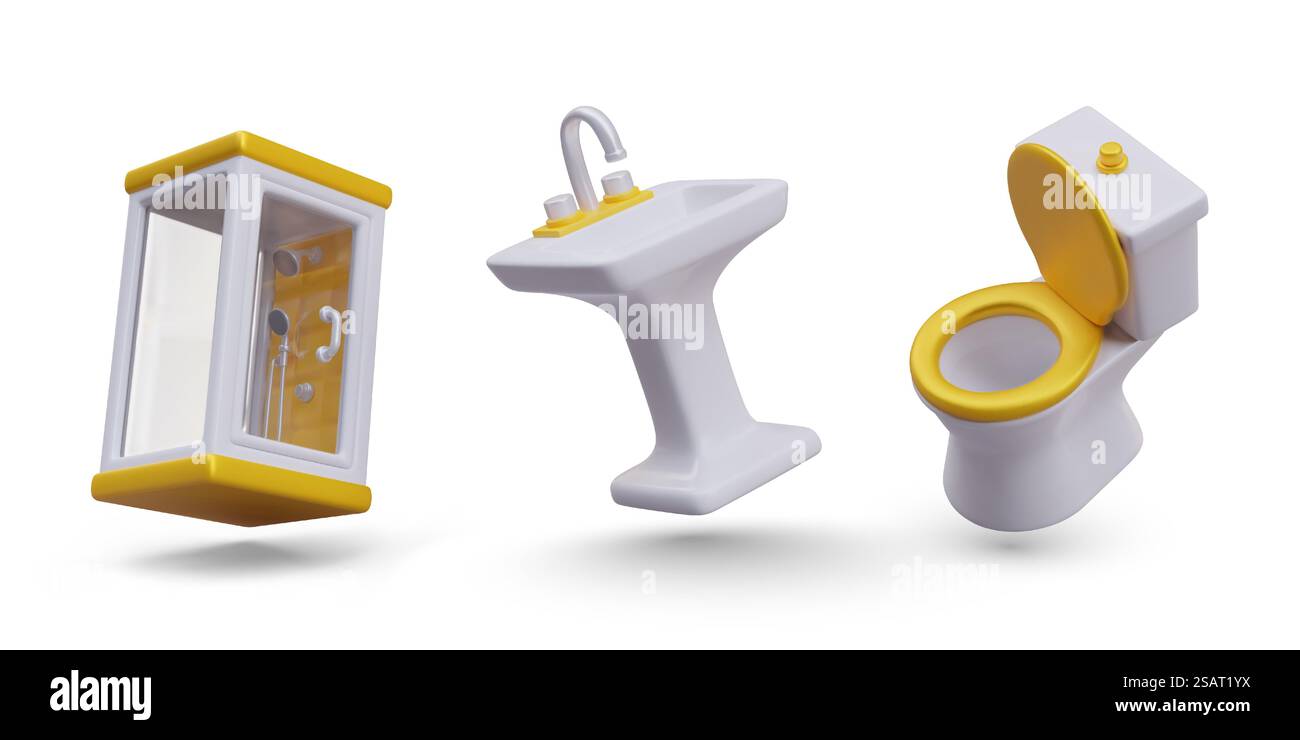 Shower cabin, wash basin, toilet with gold lid. Equipment for bathroom ...