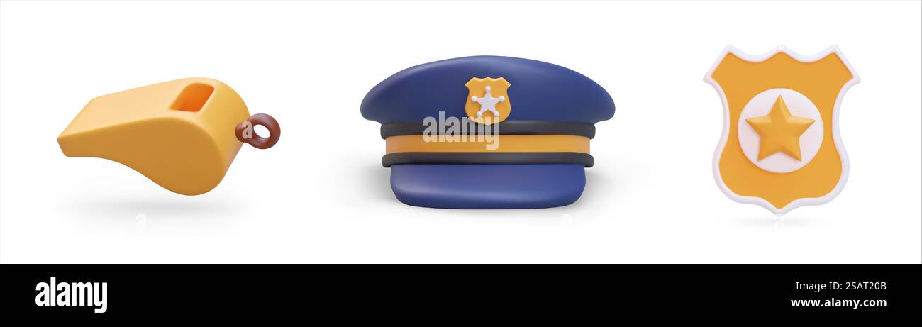 Set of policeman accessories. 3D whistle, uniform cap, policeman badge ...