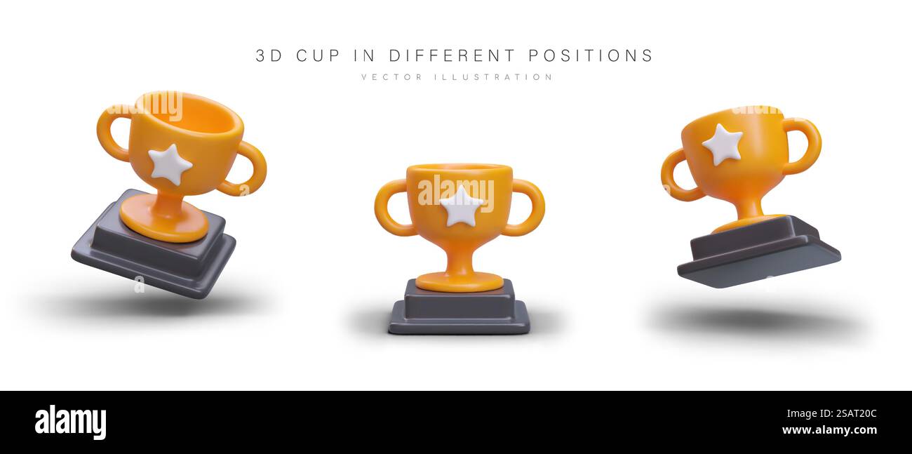 3D trophy cup with two handles on stand. Object in different positions ...