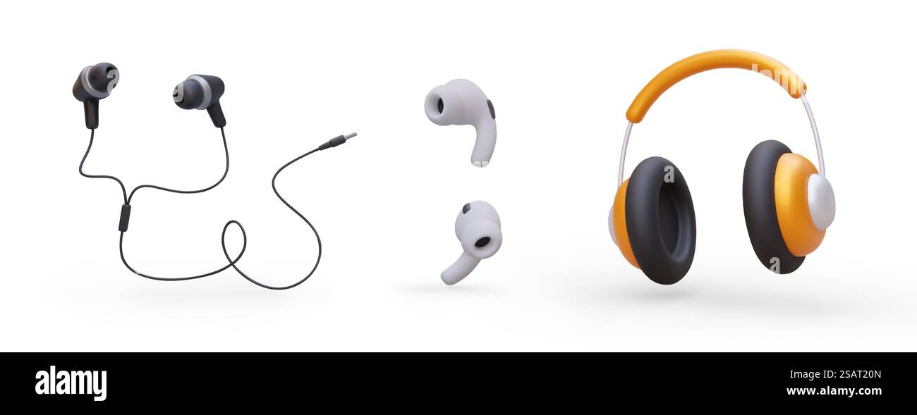 Set of realistic headphones, earphones of different types. Corded and ...