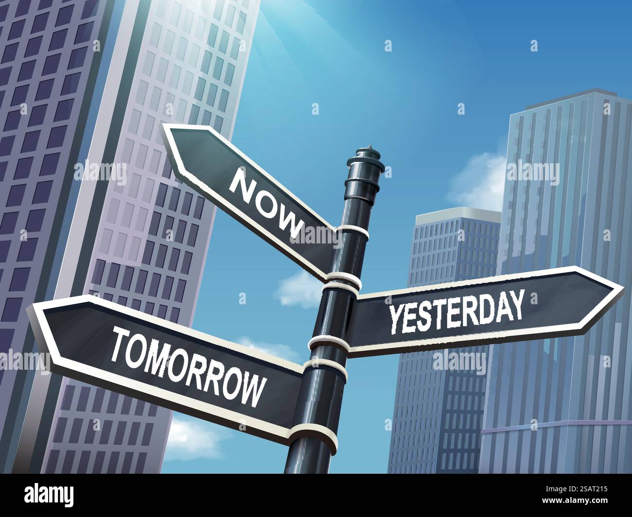 crossroad 3d illustration black road sign saying now and yesterday and ...