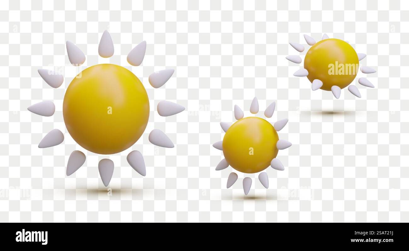 3D sun in cartoon style. Vector yellow dwarf. View from different sides ...