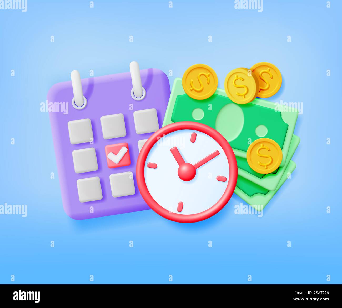 3D Clock, Calendar and Golden Coins Isolated. Render Time is Money ...