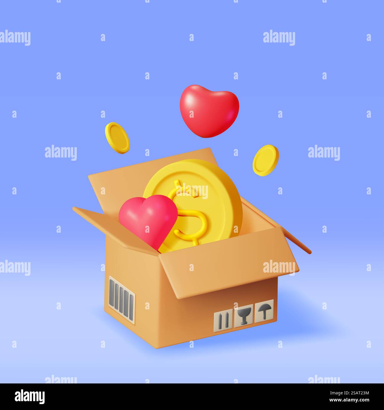 3D Cardboard Box with Gold Coins and Hearts Inside. Open Carton Package ...