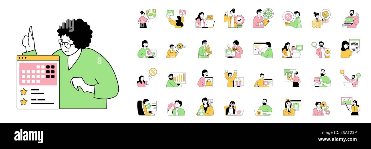 Digital business concept with character situations mega set in flat web design. Bundle of scenes ...