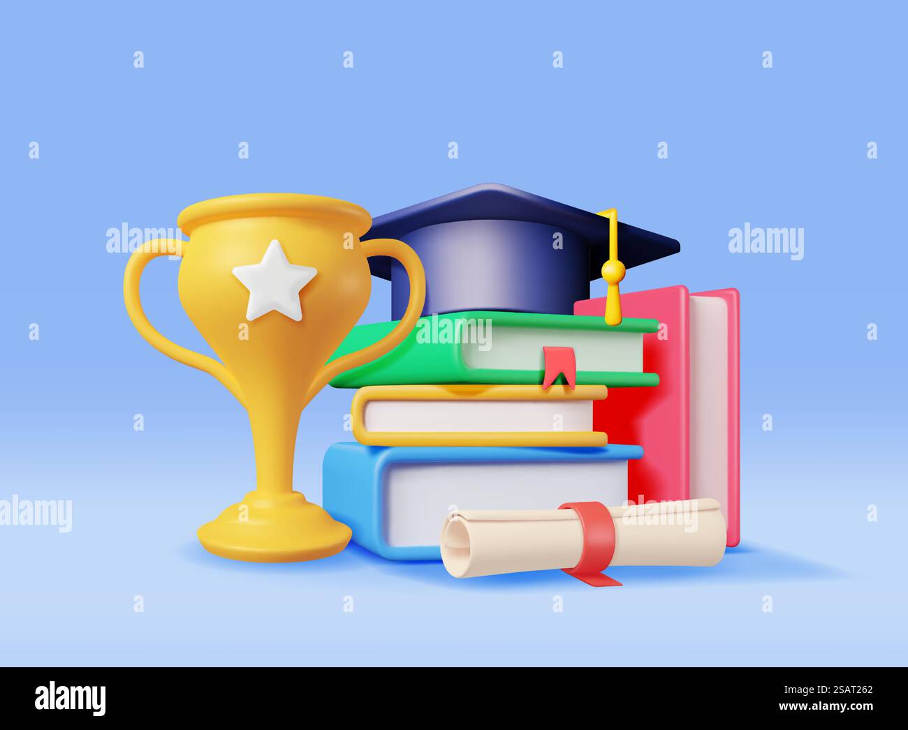 3D Gold Trophy, Books Stack and Graduation Cap Isolated. Render Golden ...
