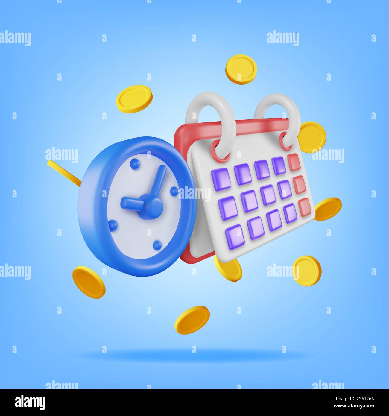 3D Clock, Calendar and Golden Coins Isolated. Render Time is Money ...
