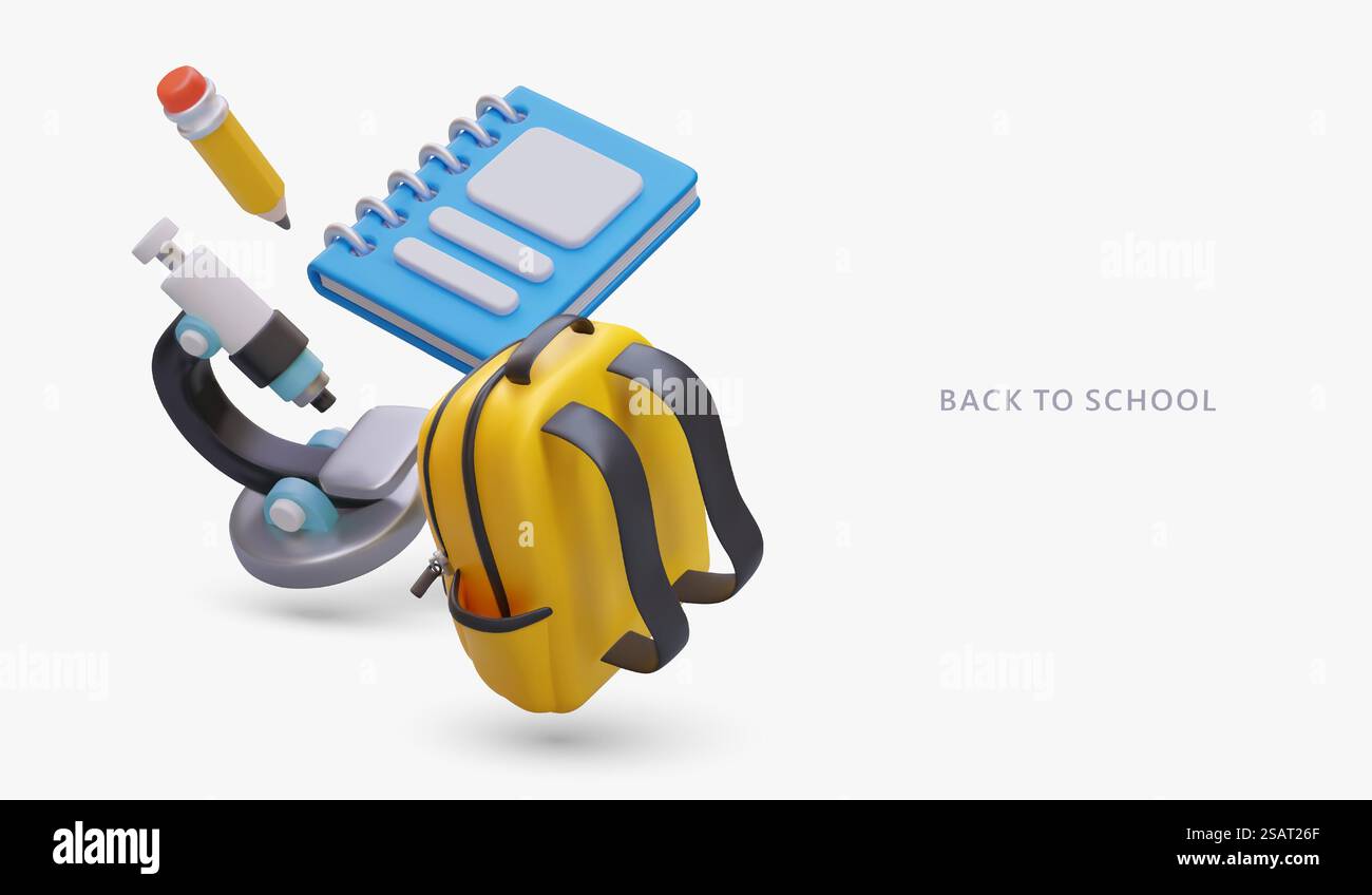 Back to school. Yellow realistic backpack, microscope, notebook, pencil. Color composition of ...