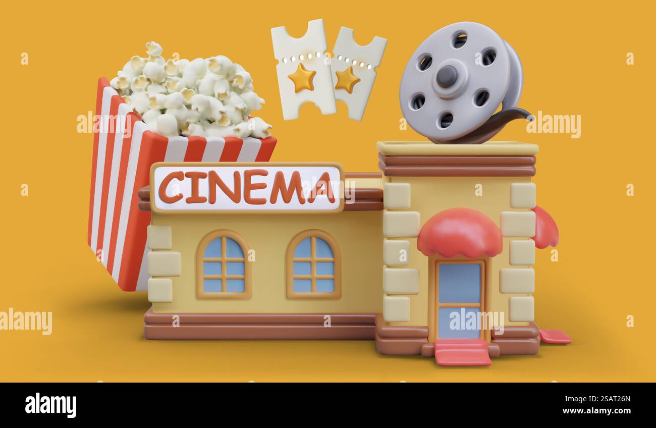 Concept of cinema visit. Realistic model of cinema building with film ...