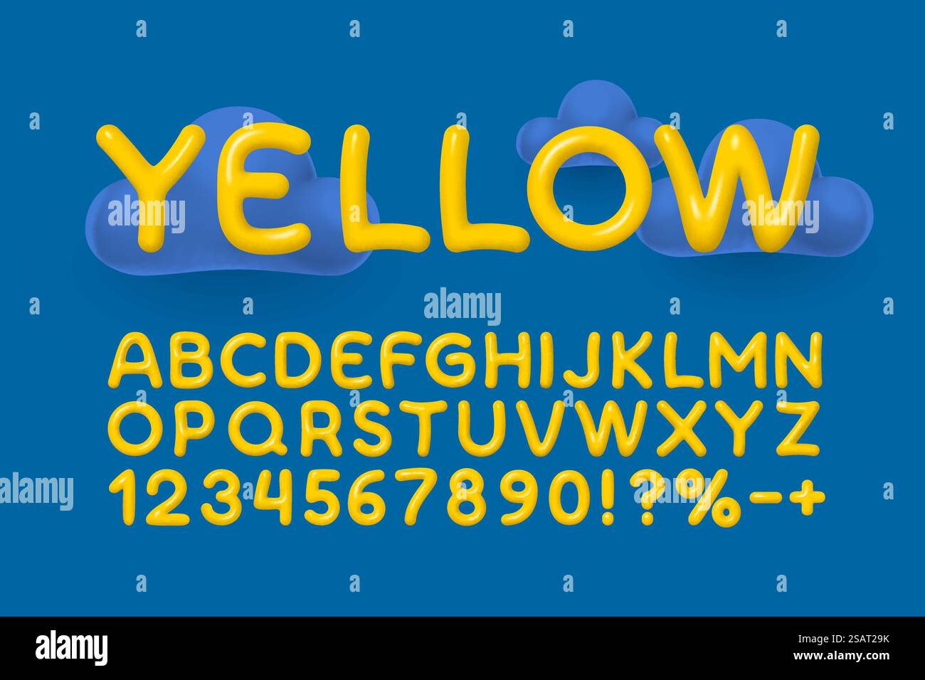Yellow clouds font. English alphabet and numbers sign. Vector. Yellow ...
