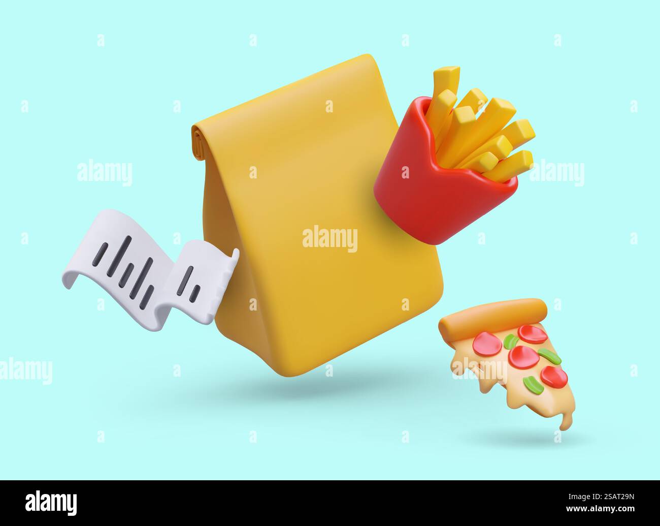 Yellow paper bag, french fries, slice of hot pizza, cash receipt ...