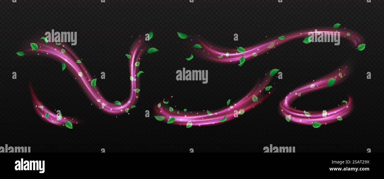 Fresh leafage whirling by shiny pink flows realistic vector ...