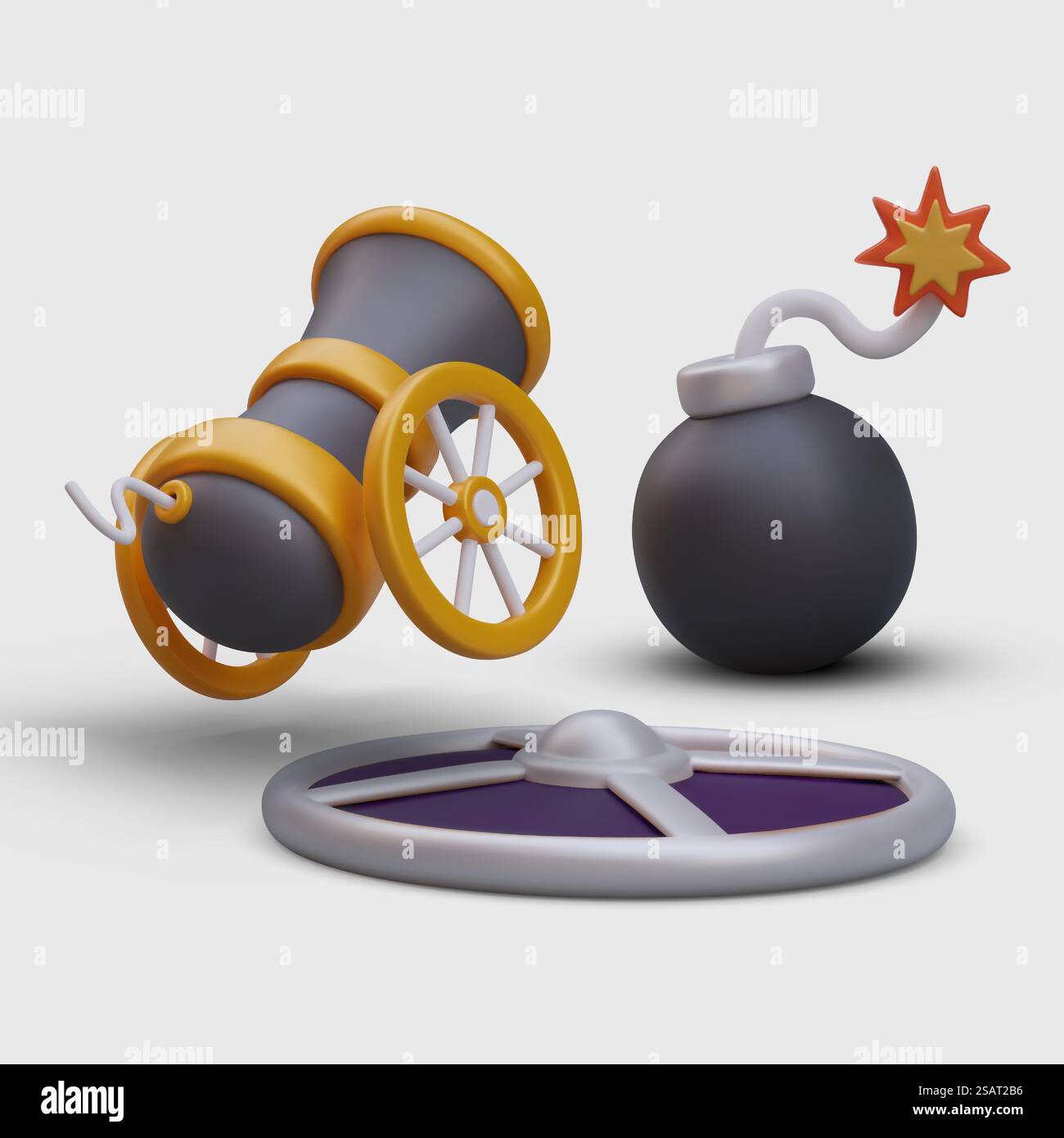 3D wheel cannon, round shield, cannonball with burning fuse. Vector ...