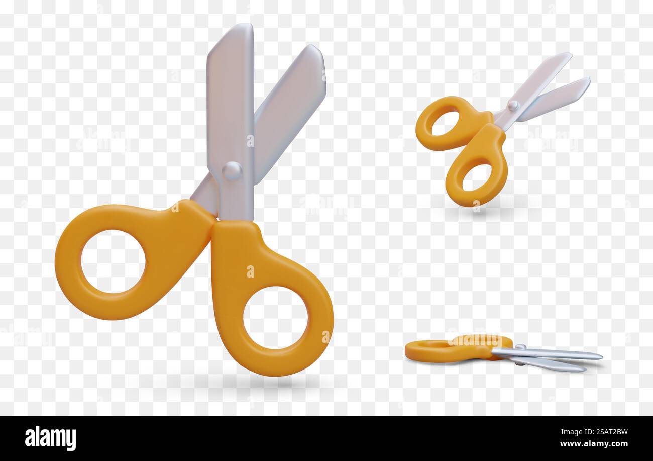 3D scissors with yellow plastic handles. Stationery tool for cutting ...