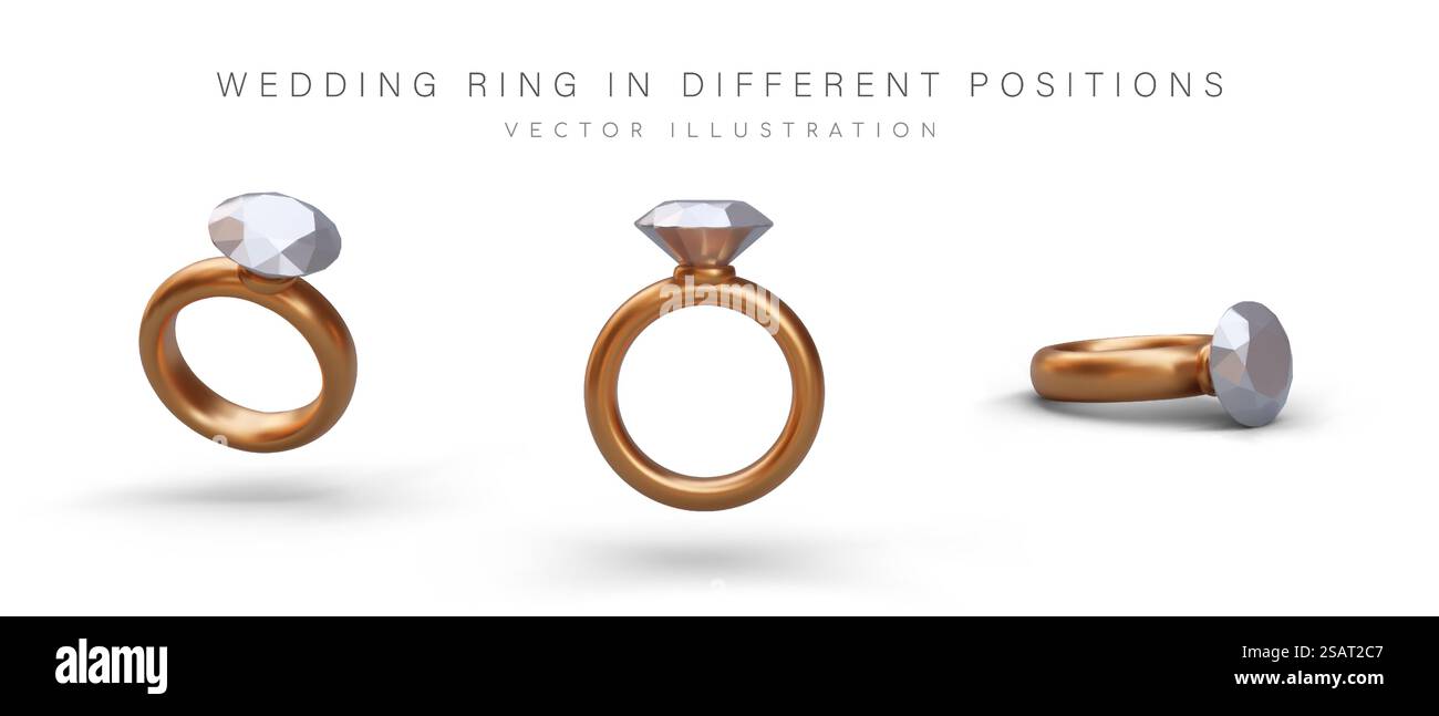 Wedding ring in different positions. Women ring with diamond. Symbol of ...