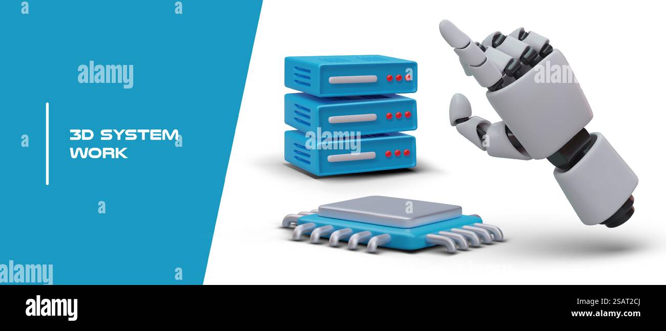 3d system work concept. Realistic 3d hand and server system. Poster with place for text ...