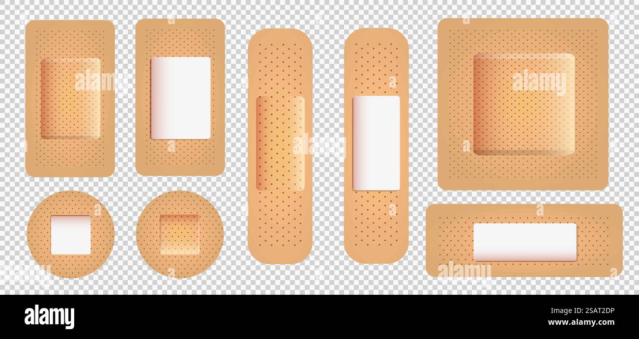 Realistic vector plaster set. Medical plasters isolated on transparent background. Adhesive ...