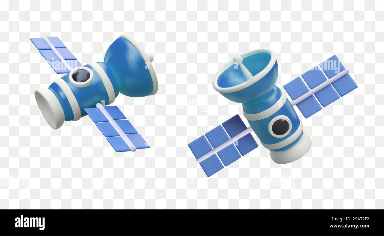 Set of 3D blue communication satellites with antennas and solar panels ...