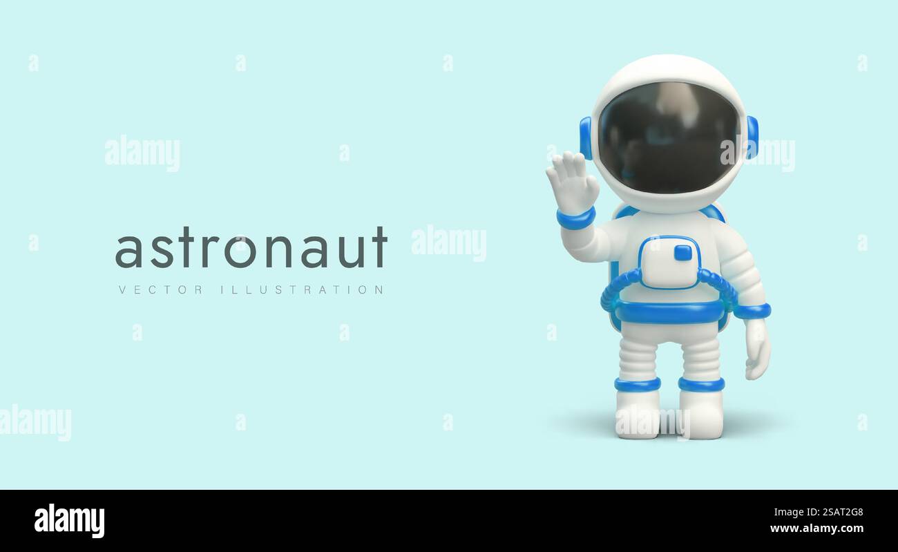 3D cosmonaut. Human in spacesuit with opaque helmet. Greeting gesture ...
