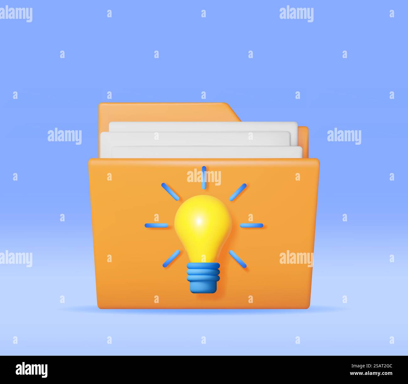 3D Business Folder full of Papers and Idea Bulb Isolated. Render Yellow ...