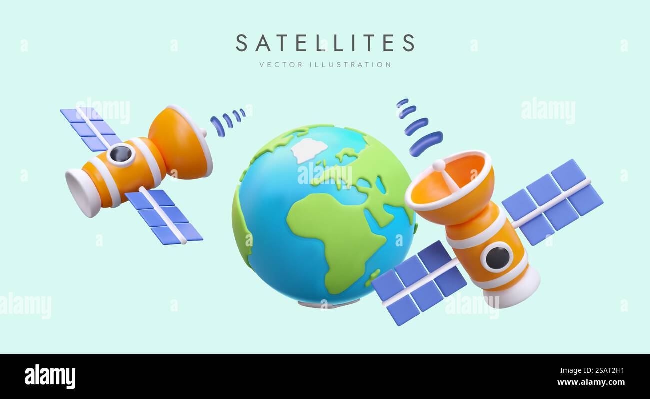 Realistic communication satellites fly around Earth. Satellite with ...