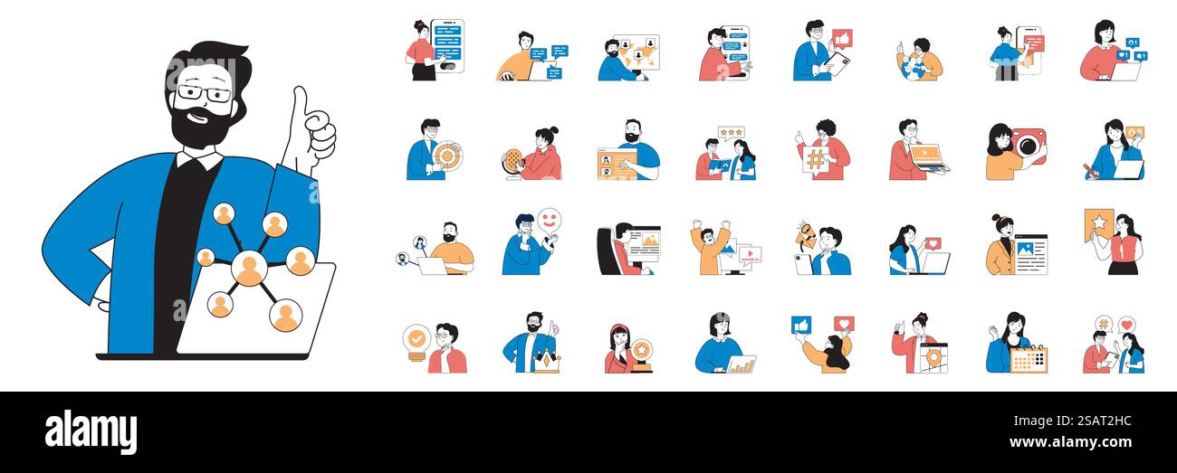 Social network concept with character situations mega set in flat web ...