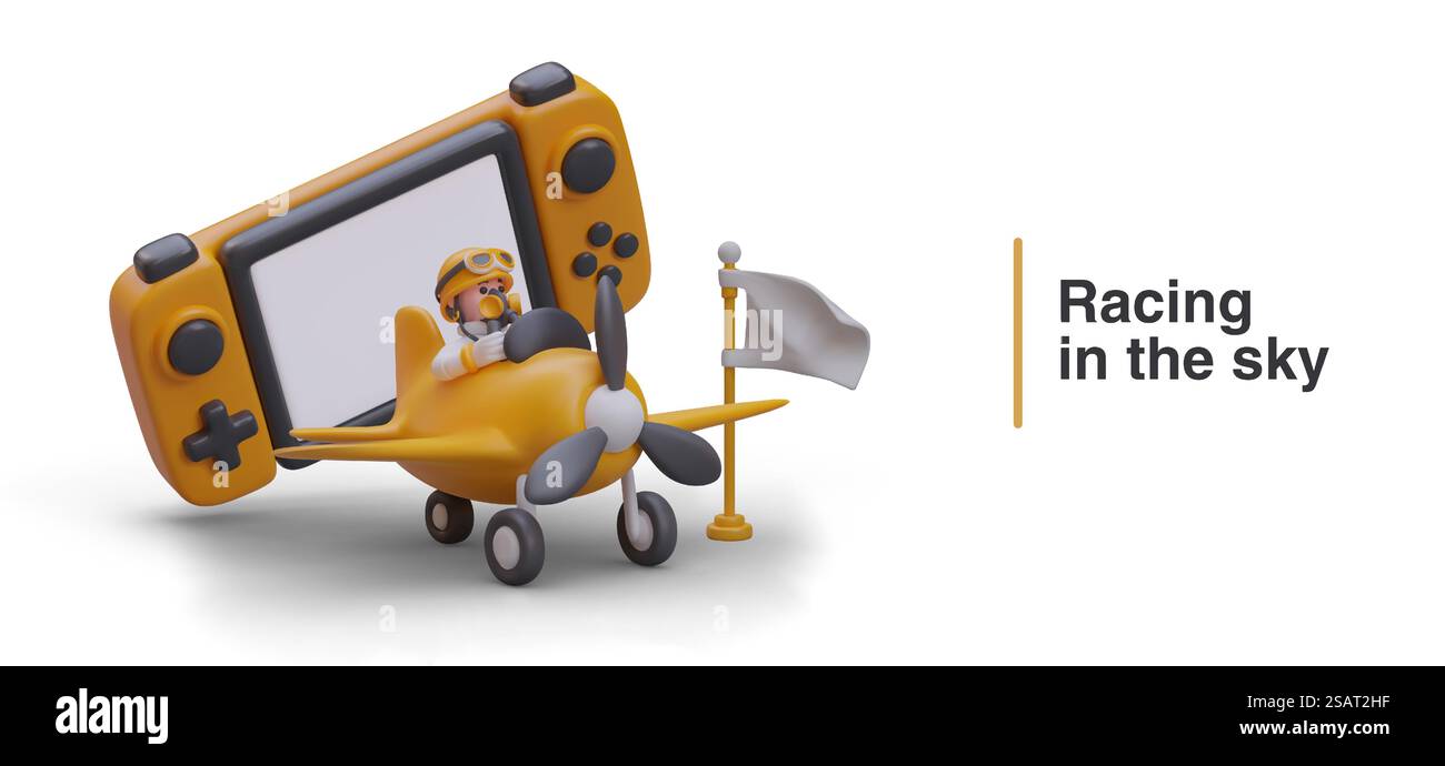 Racing in sky. Speed competition. 3D plane with pilot, game console ...