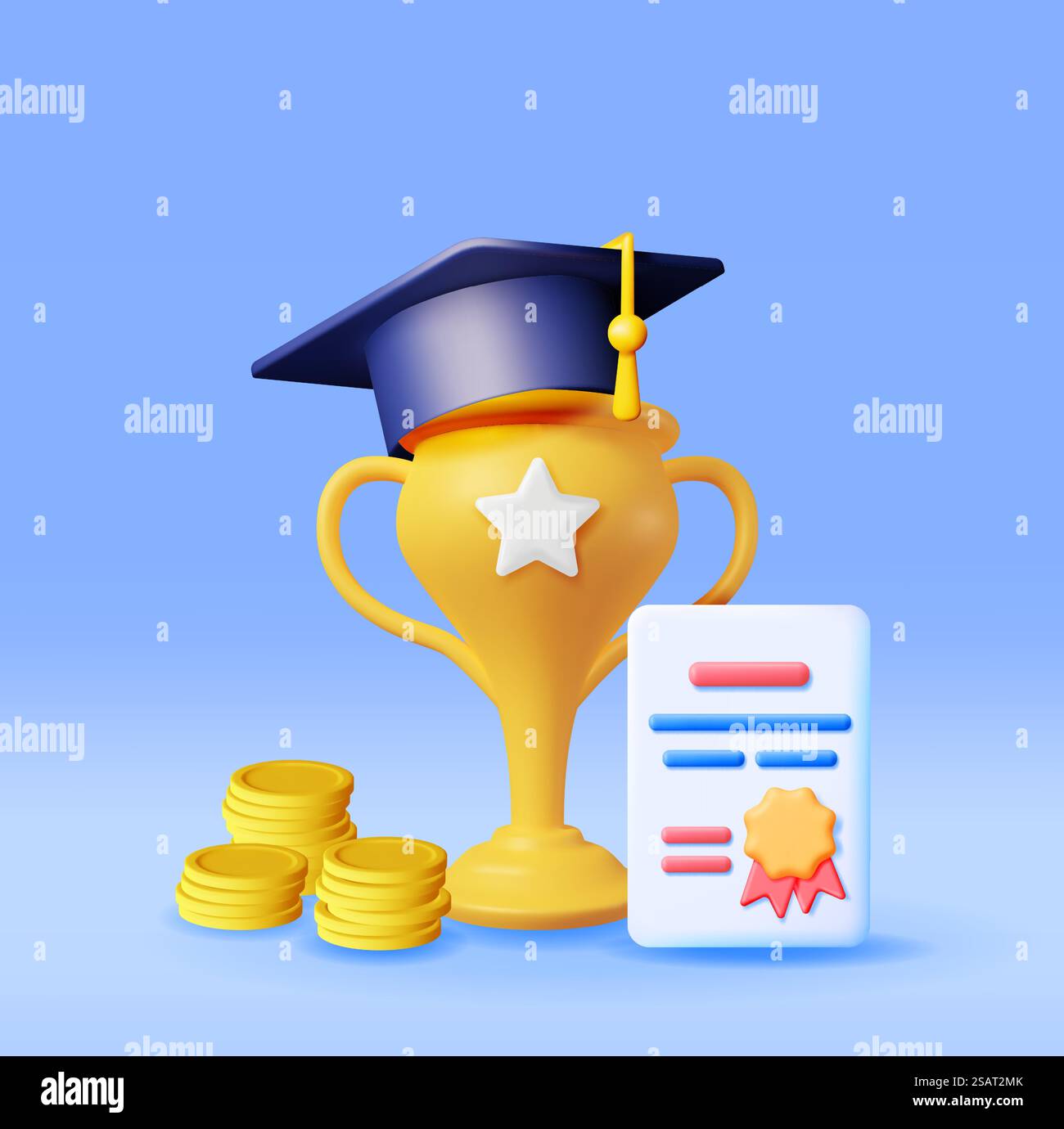 3D Trophy, Graduation Cap and Diploma with Gold Coin Isolated. Render ...