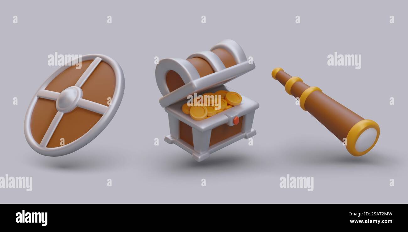 Realistic round shield, open chest with gold coins, folding spyglass ...