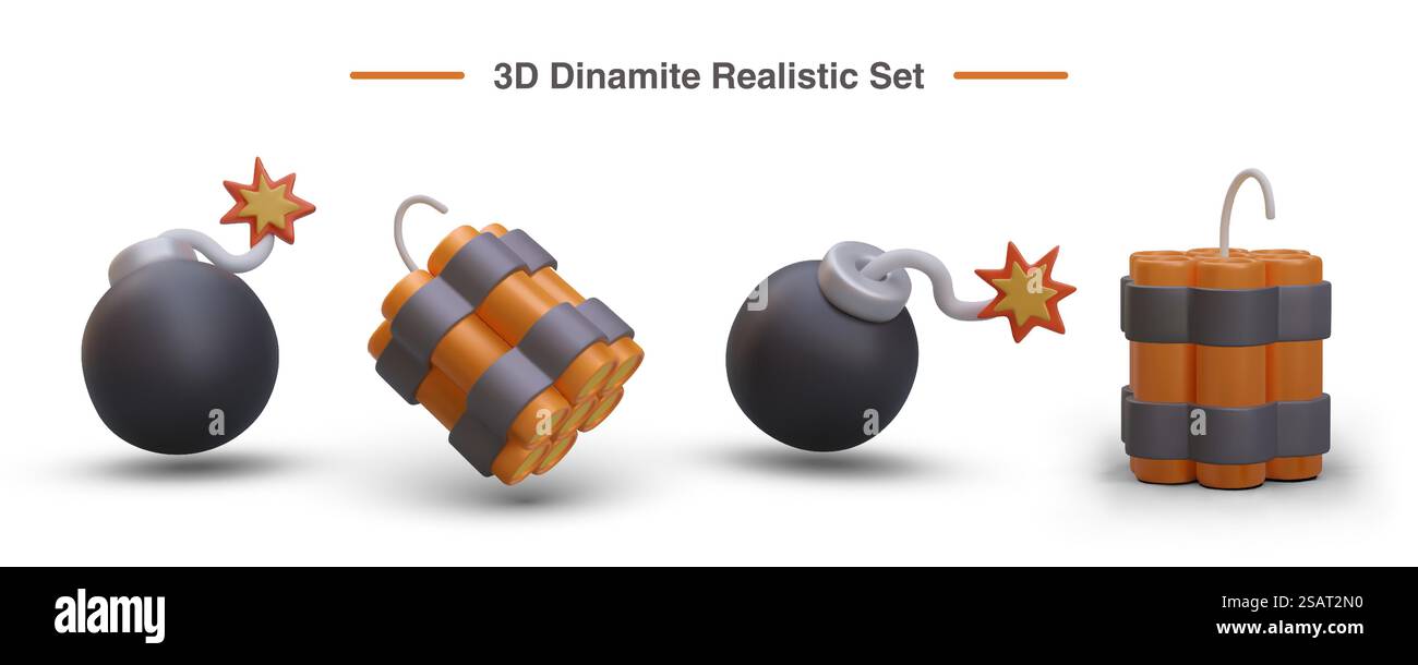 Set of 3D explosive elements. Black round bomb with burning cord ...