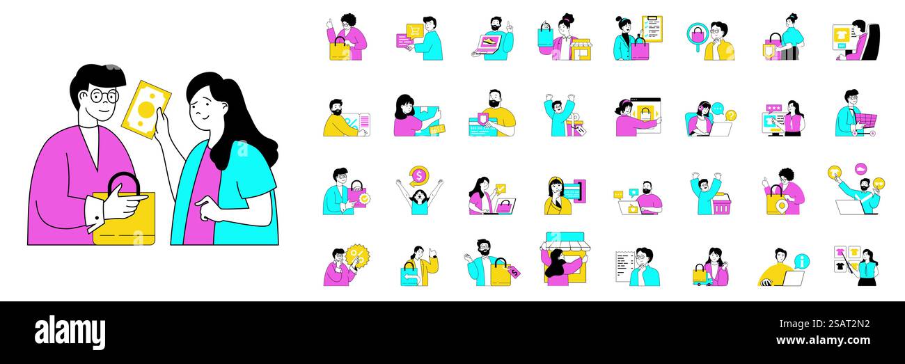 Shopping concept with character situations mega set in flat web design ...