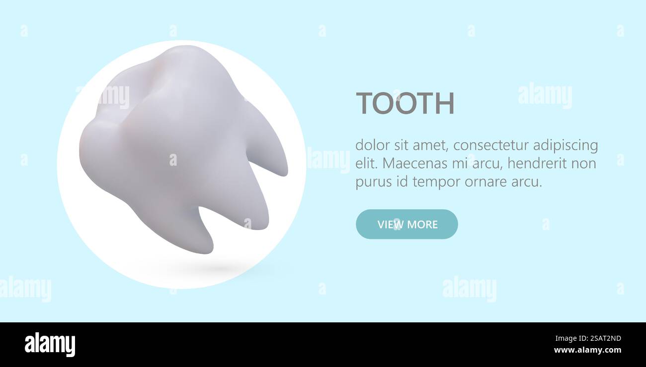 Advertisement of dental clinic. Realistic tooth text, view more button ...