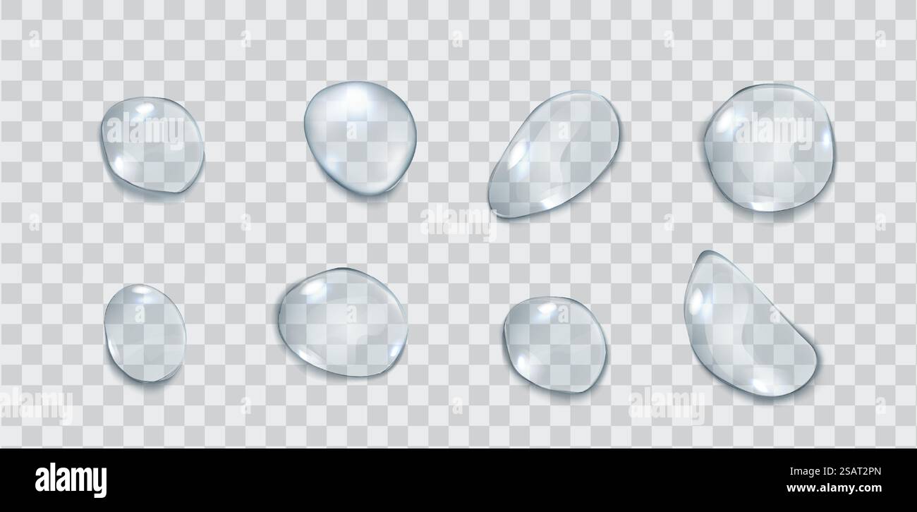 Clear liquid blobs group realistic vector illustration set. Irregular ...